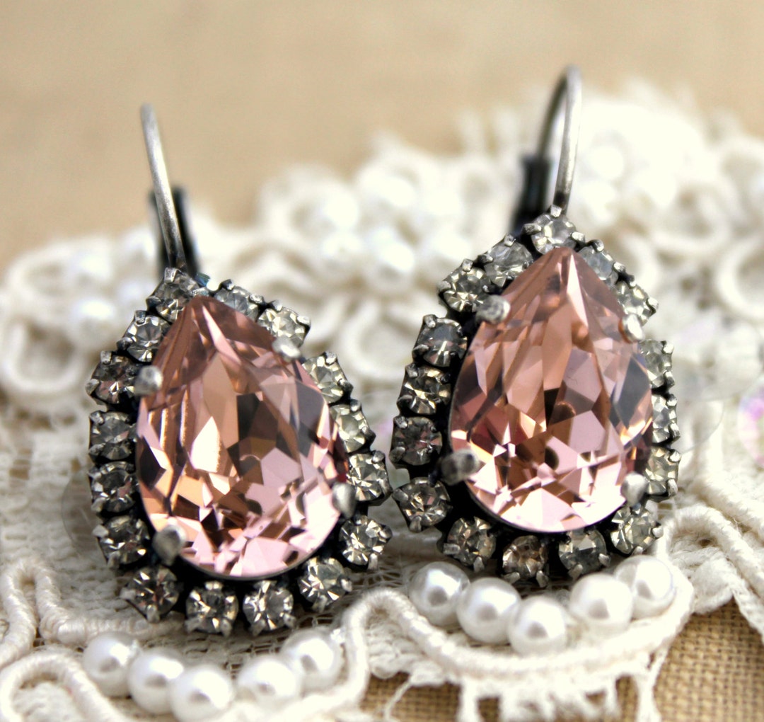 Blush Drop Silver Crystal Earrings, Bridal Blush Crystal Earrings ...