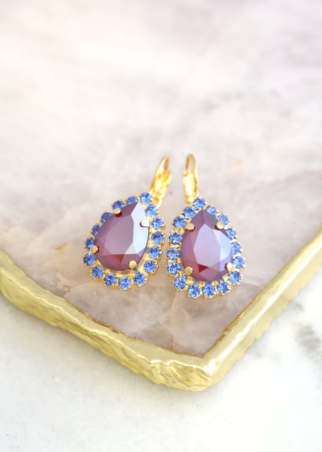 Maroon Blue Drop Earrings, Maroon Drop Crystal Earrings, Blue Navy ...