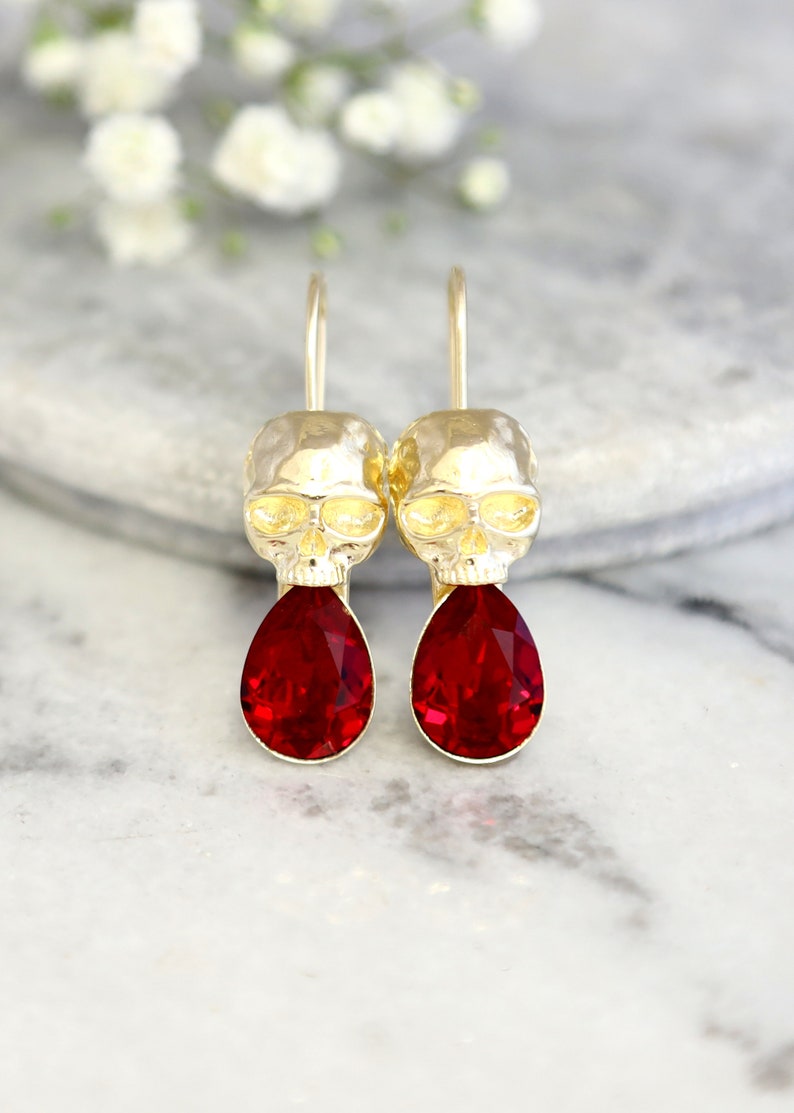 Skull Gold Earrings, Ruby Red Drop Earrings, Sugar Skull Gold Earrings ...
