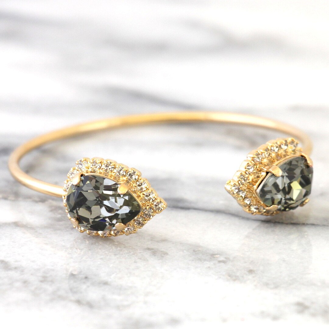 Gray Crystal Bracelet, Gray Crystal Open Cuff Bridal Bracelet, Dark ...