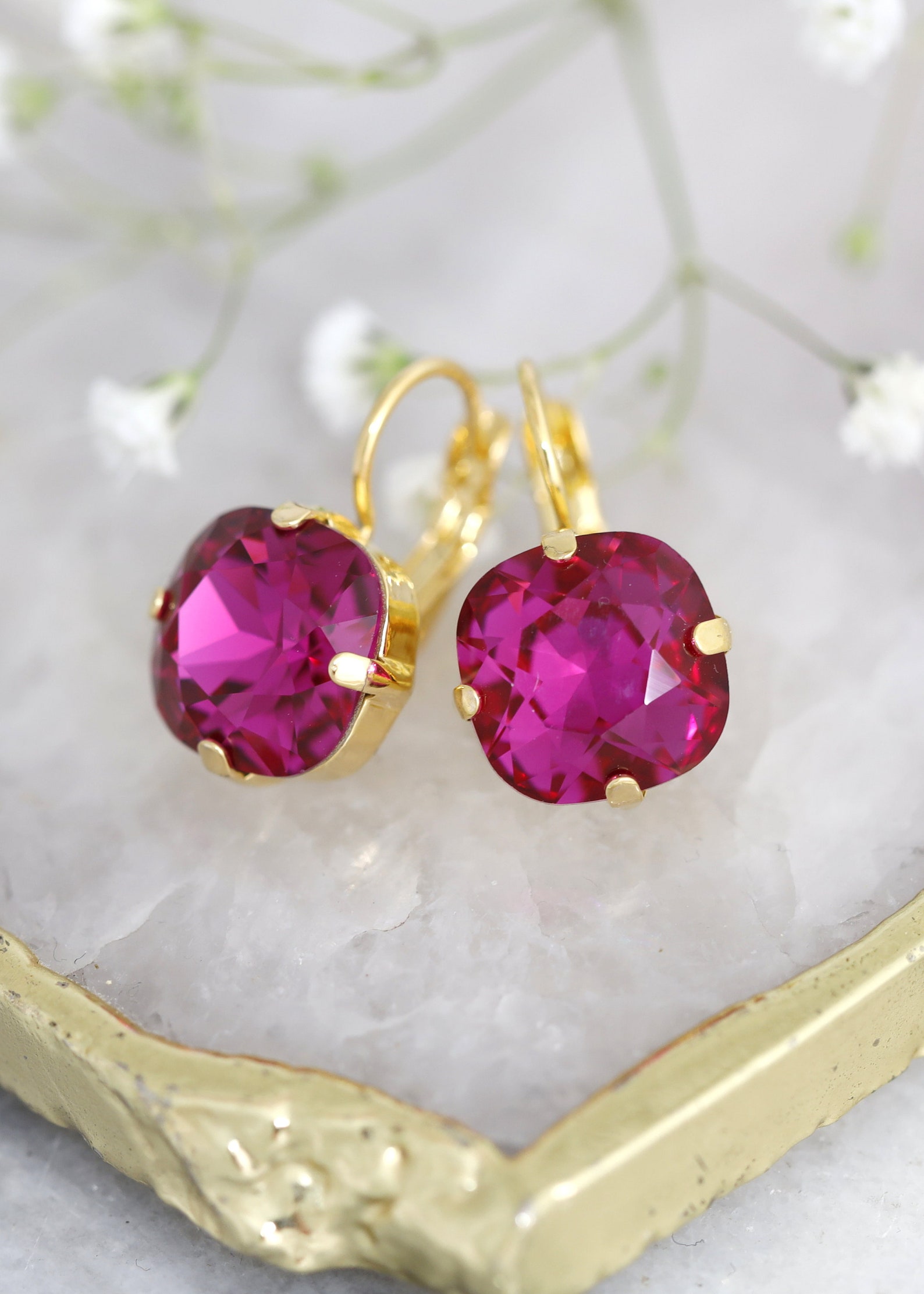 Fuchsia Pink Drop Earrings, Magenta Crystal Drop Earrings, Fuchsia Pink ...