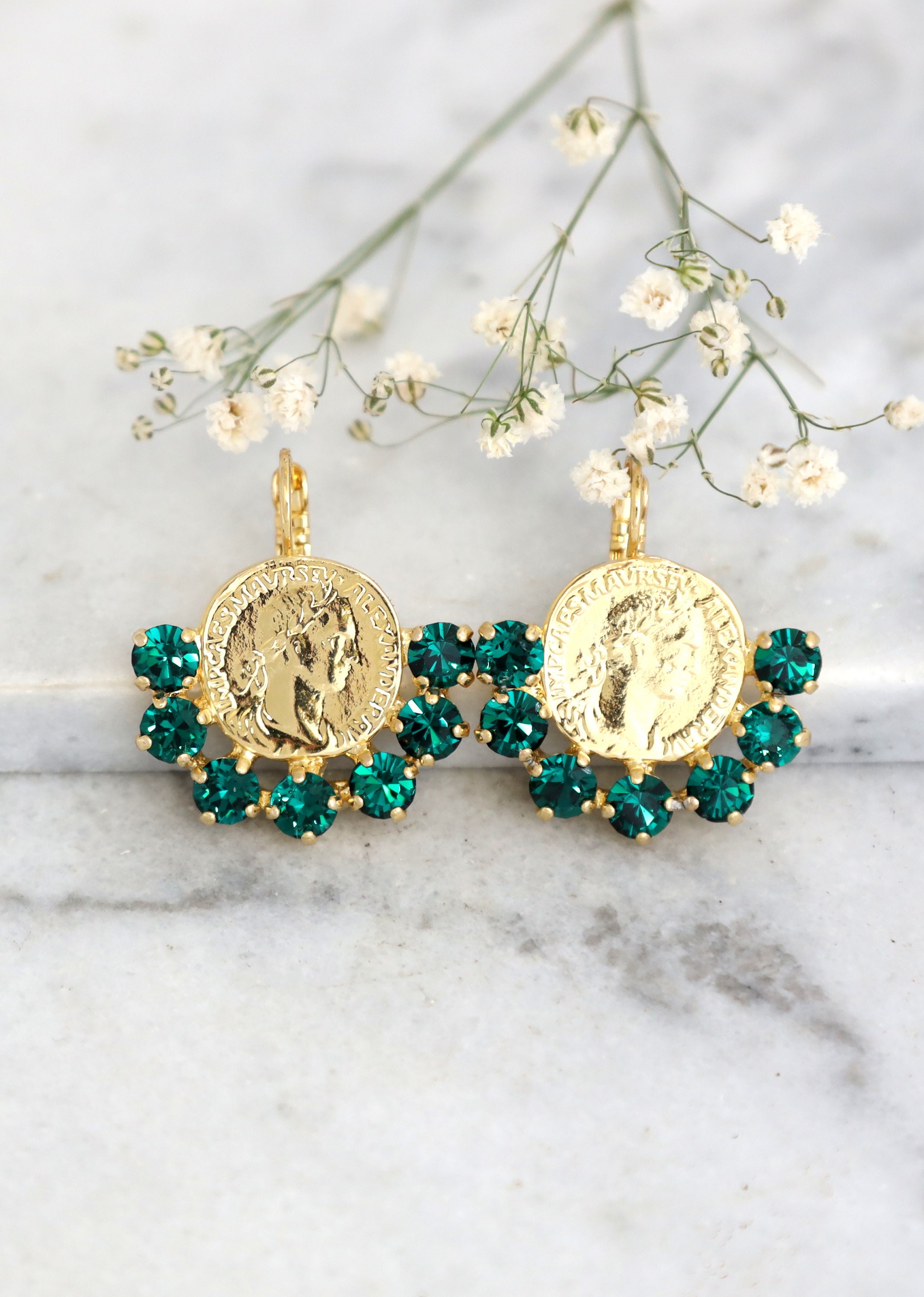 Emerald Drop Earrings Gold Coin Drop Earrings Greek Coin | Etsy