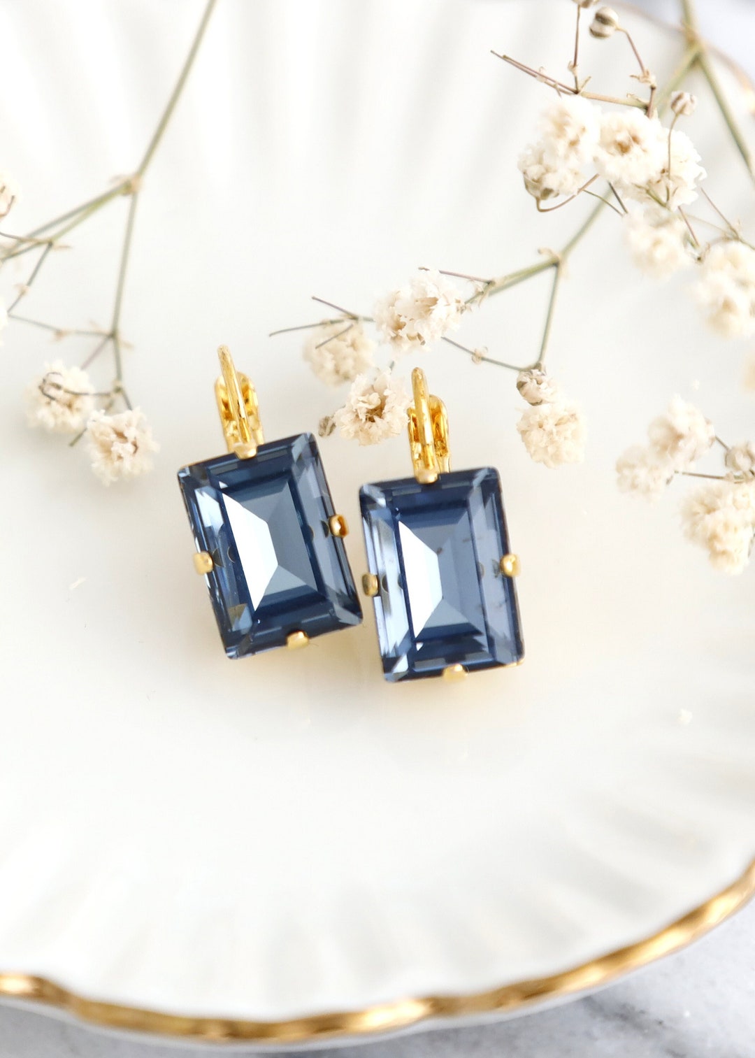 Denim Blue Crystal Earrings, Dark Blue Drop Earrings, Earrings, Gift ...