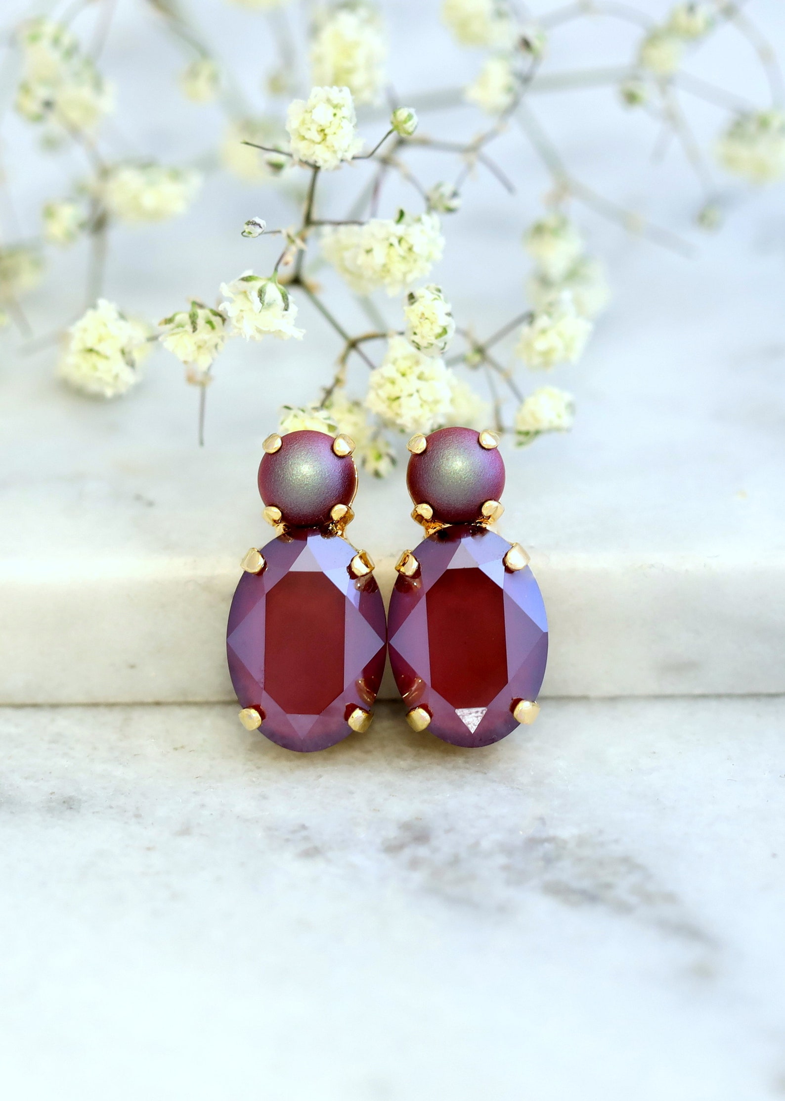 Maroon Stud Earrings Bridal Maroon Earrings Dark Red Crystal - Etsy