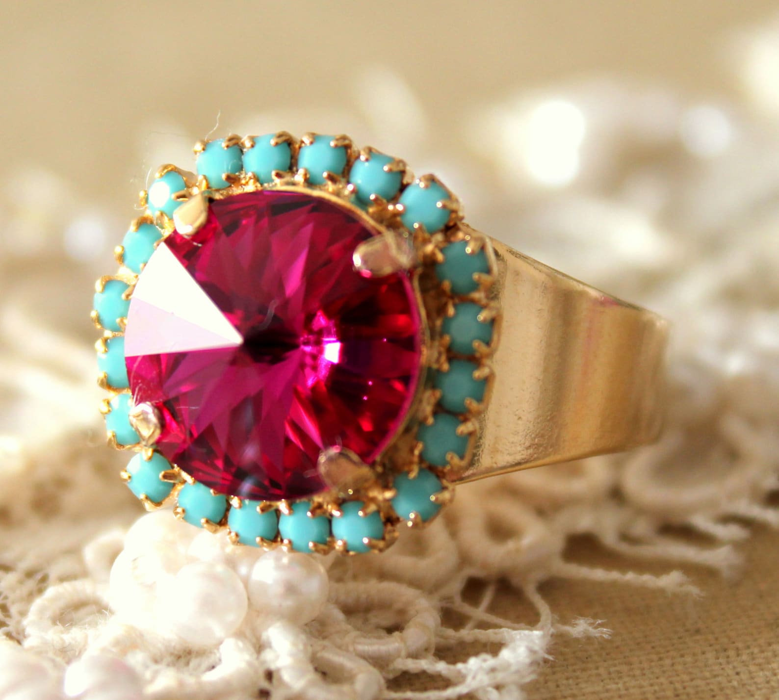 Pink Crystal Ring ,hot Pink Crystal Ring, Pink Turquoise Crystal Ring ...