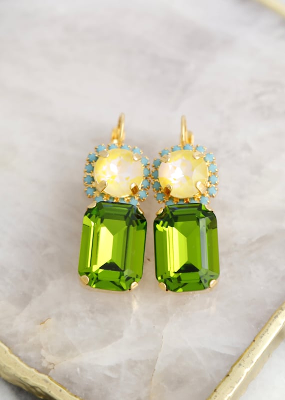 iloniti Green Yellow Drop Earrings Lemon Green Crystal Earrings Green Drop Earrings Olive Green Earrings Gift for Woman Lime Crystal Earrings