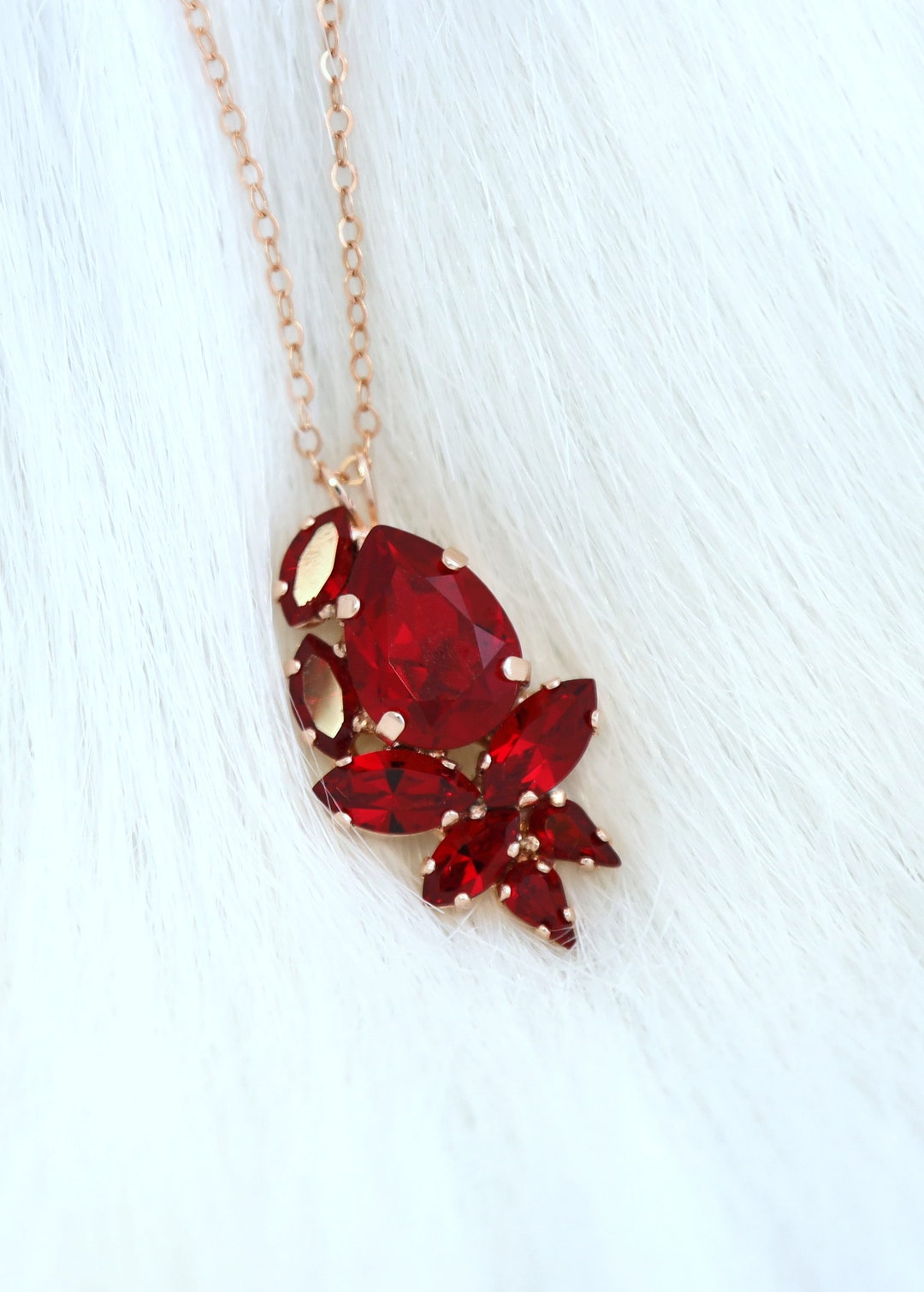 Red Ruby Necklace, Garnet Red Crystal Necklace, Red Ruby Crystal Gold ...
