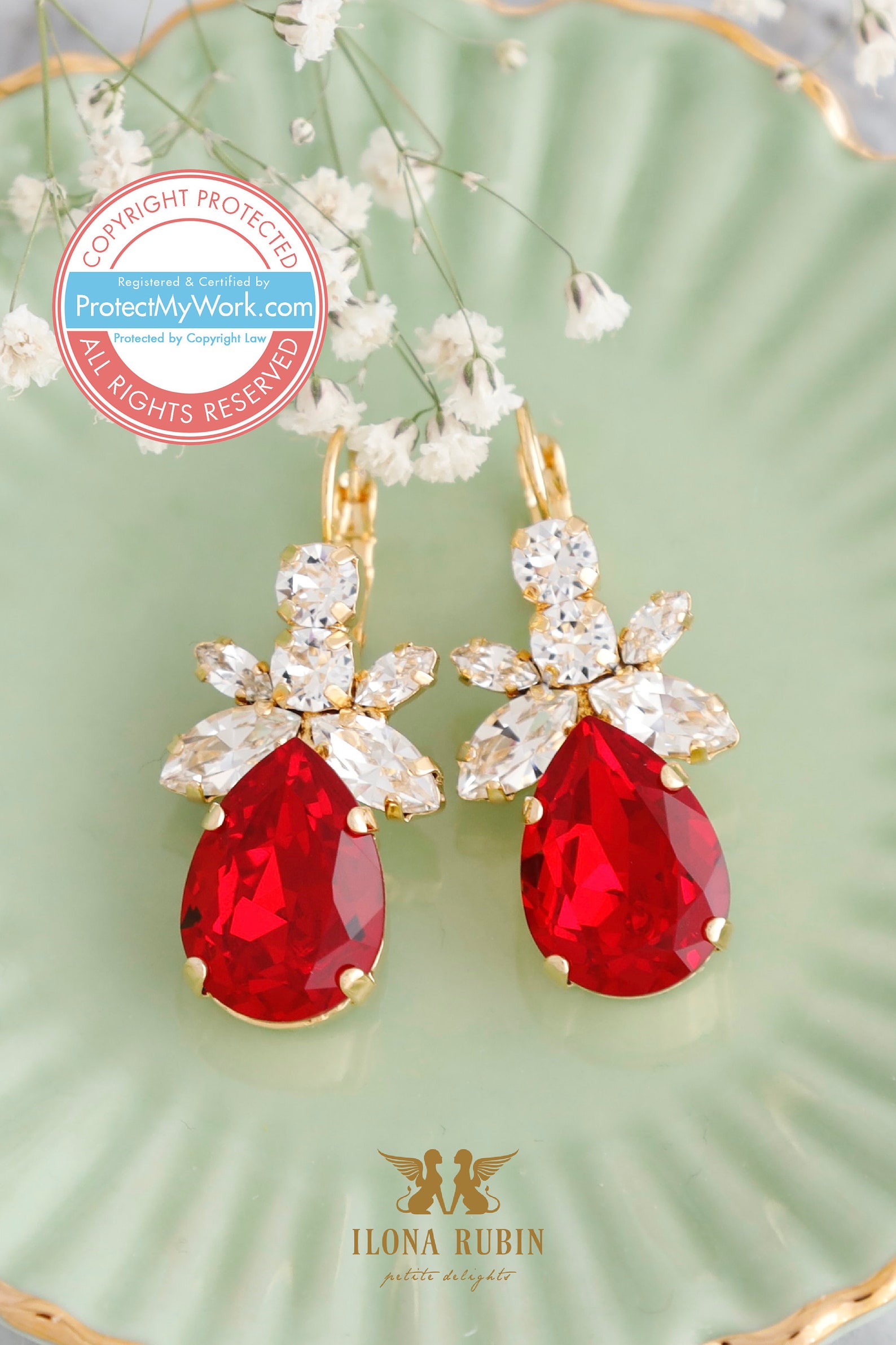 Red Crystal Drop Earrings, Bridal Ruby Red Crystal Earrings, Deep Red ...