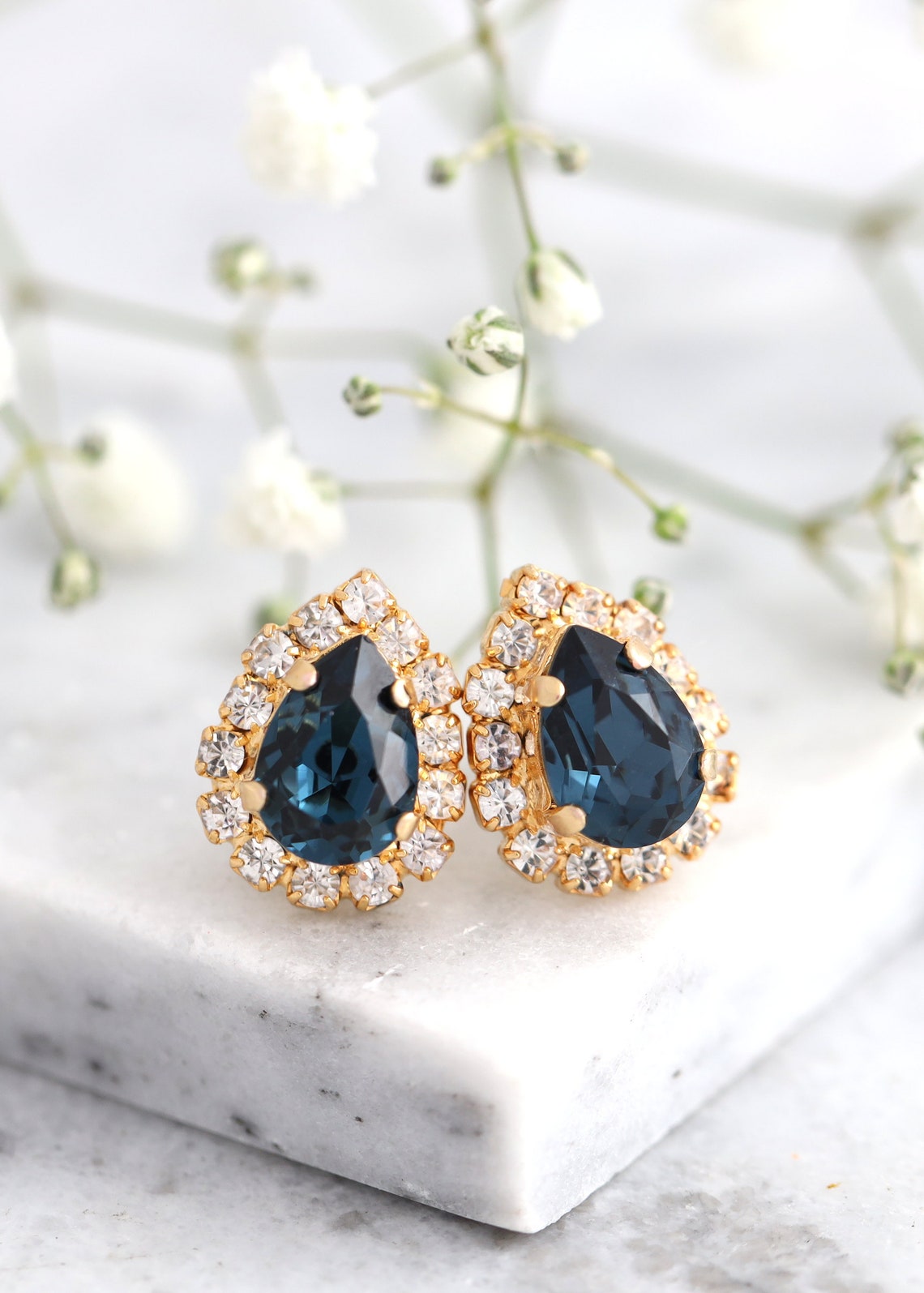 Blue Navy Earrings Bridal Navy Blue Crystal Stud Earrings | Etsy