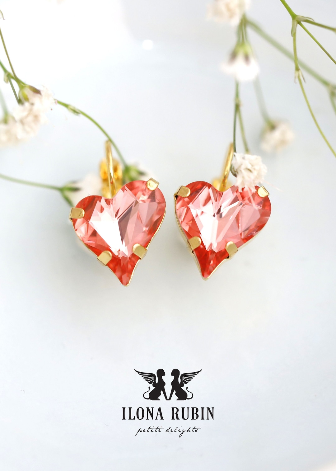 Heart Drop Earrings, Peach Rose Crystal Drop Earrings, Gift for Her ...