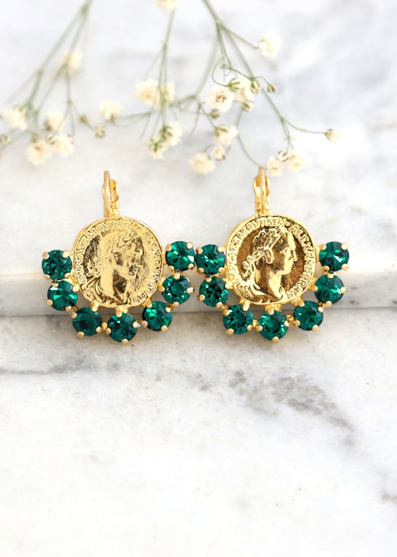 Emerald Drop Earrings Gold Coin Drop Earrings Greek Coin | Etsy