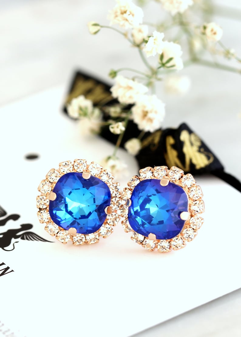 Blue Stud Earrings Blue Royal Crystal Earrings Bridal - Etsy