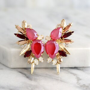 Red Statement Crystal Earrings, Bridal Red Crystal Earrings, Red Ruby ...
