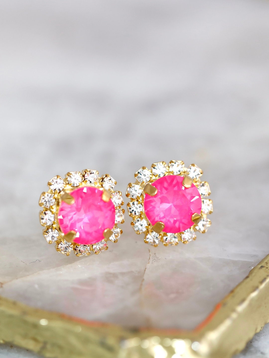 Pink Stud Earrings, Electric Pink Crystal Stud Earrings, Neon Pink ...