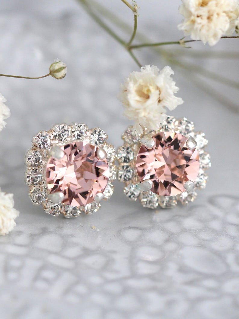 Blush Studs, Silver Blush Studs, Blush Stud Earrings, Bridesmaids Blush Earrings, Silver Stud ...