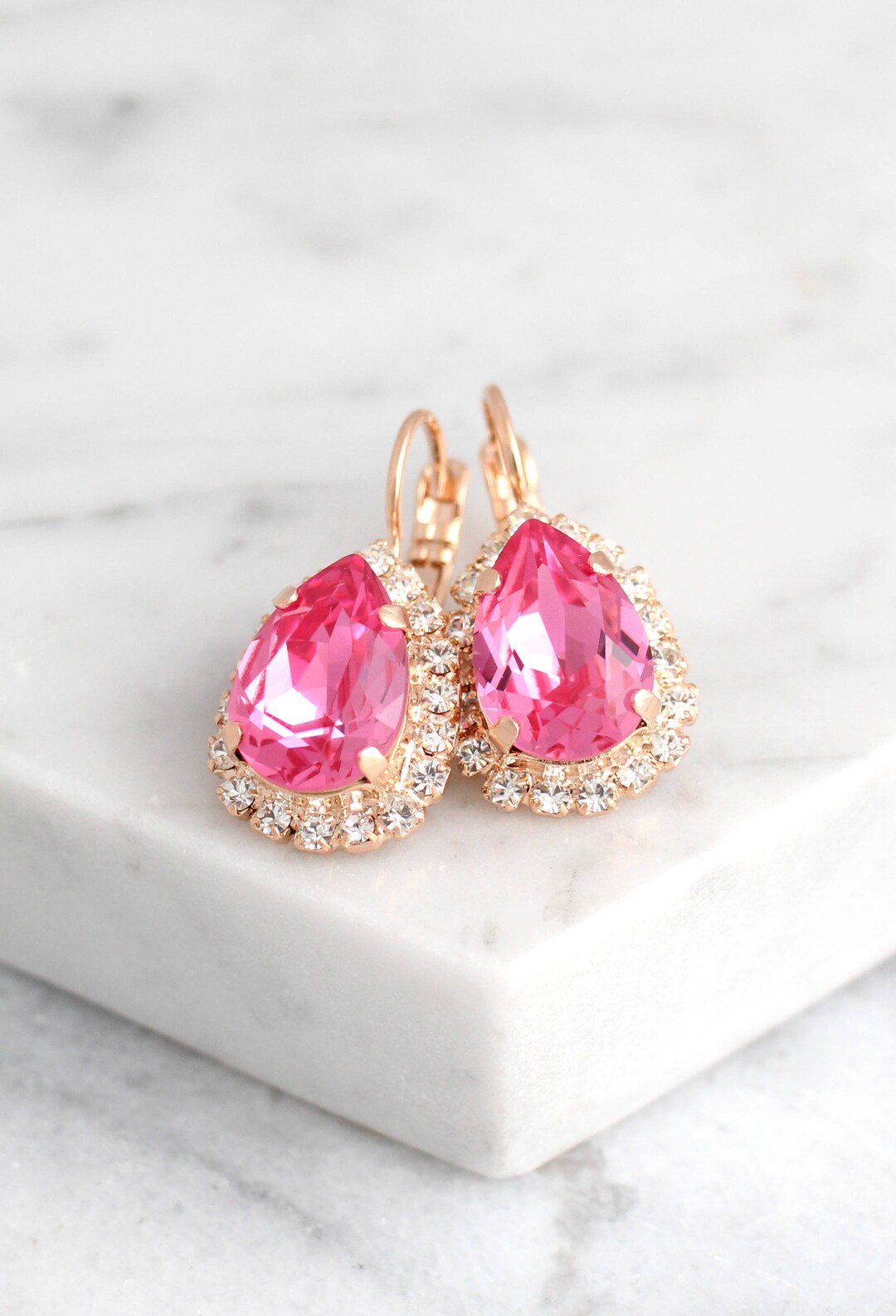 Pink Earrings, Pink Drop Earrings, Bridal Rose Earrings, Pink Rose ...