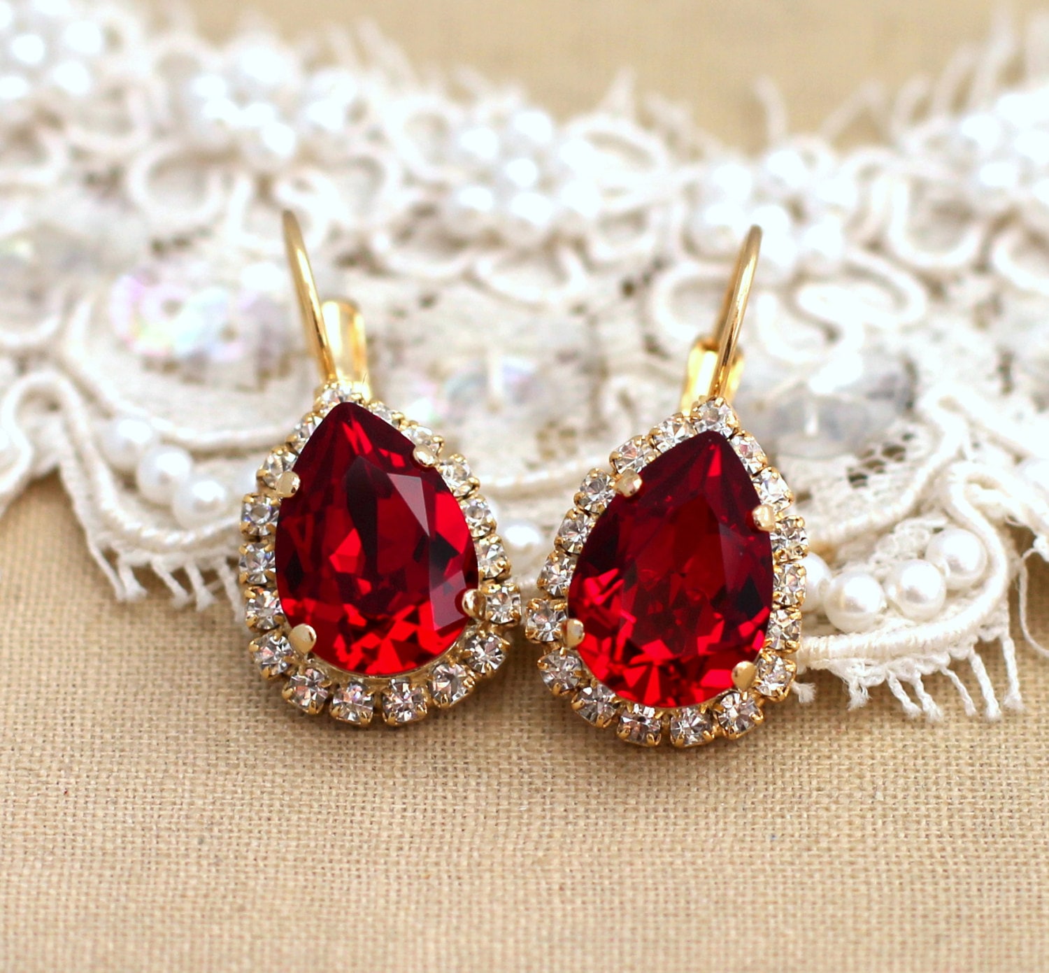 Red Drop Earrings, Bridal Red Drop Earrings, Ruby Red Crystal Drop ...