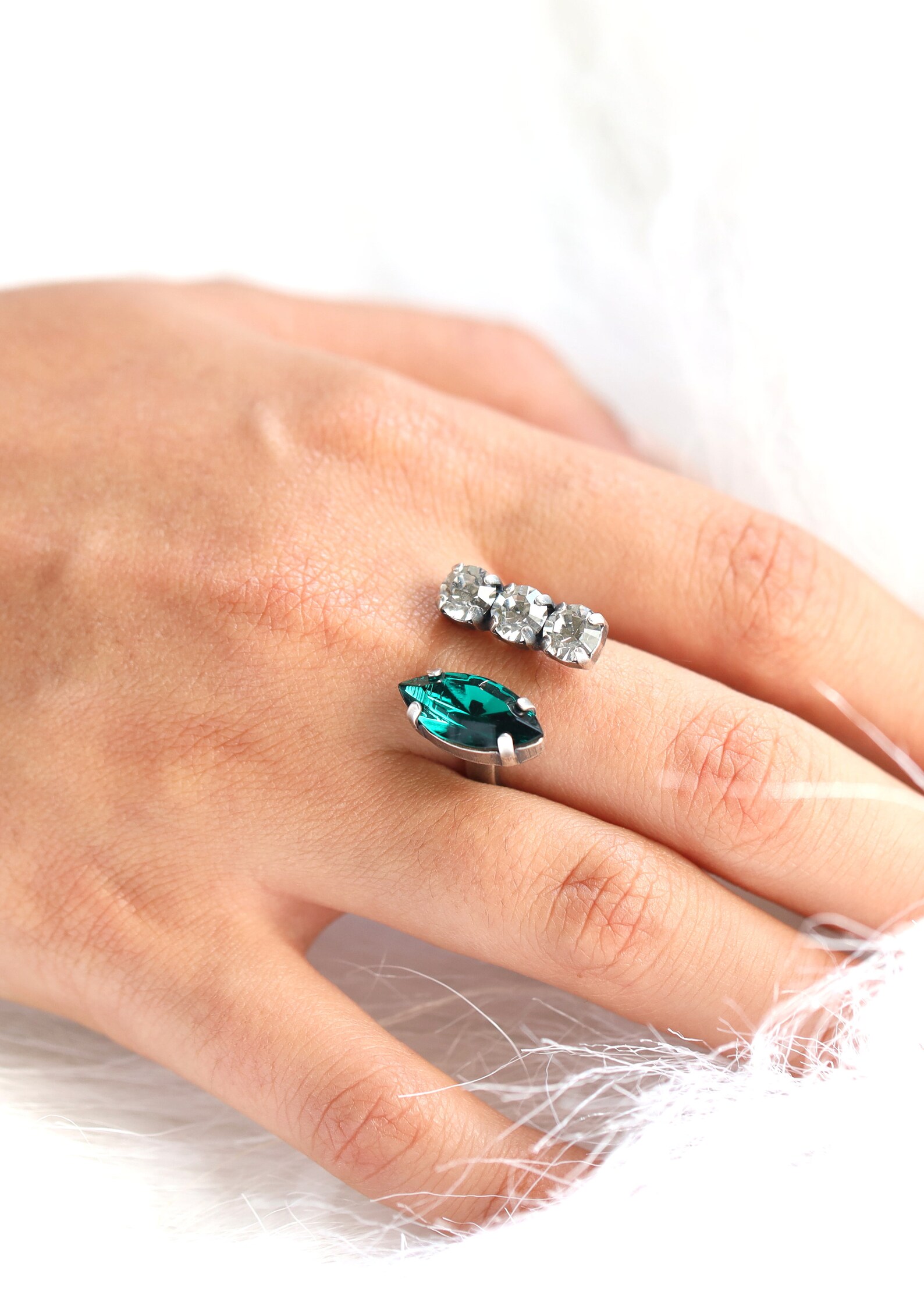 Emerald Crystal Ring, Emerald Cocktail Ring, Green Emerald Open Crystal ...