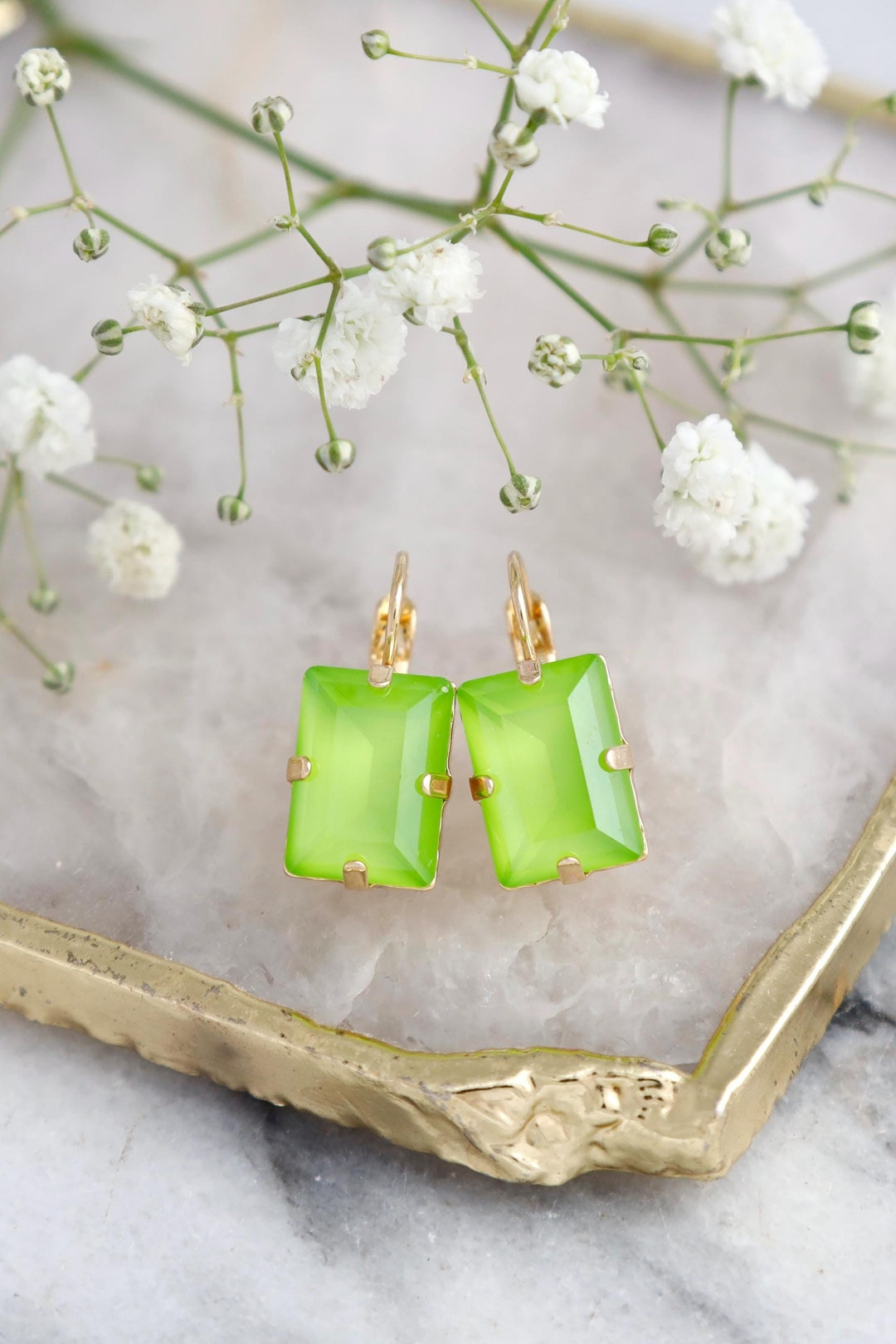 Lime Green Drop Earrings, Neon Green Earrings, Lime Green Crystal ...