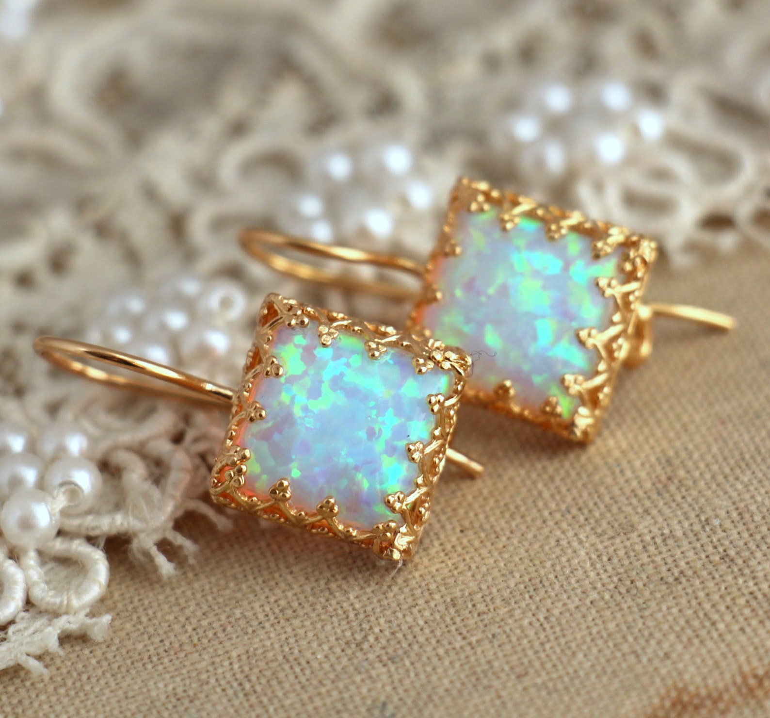 Opal Earrings, Opal Drop Earrings, Opal Gold Earrings, White Opal ...