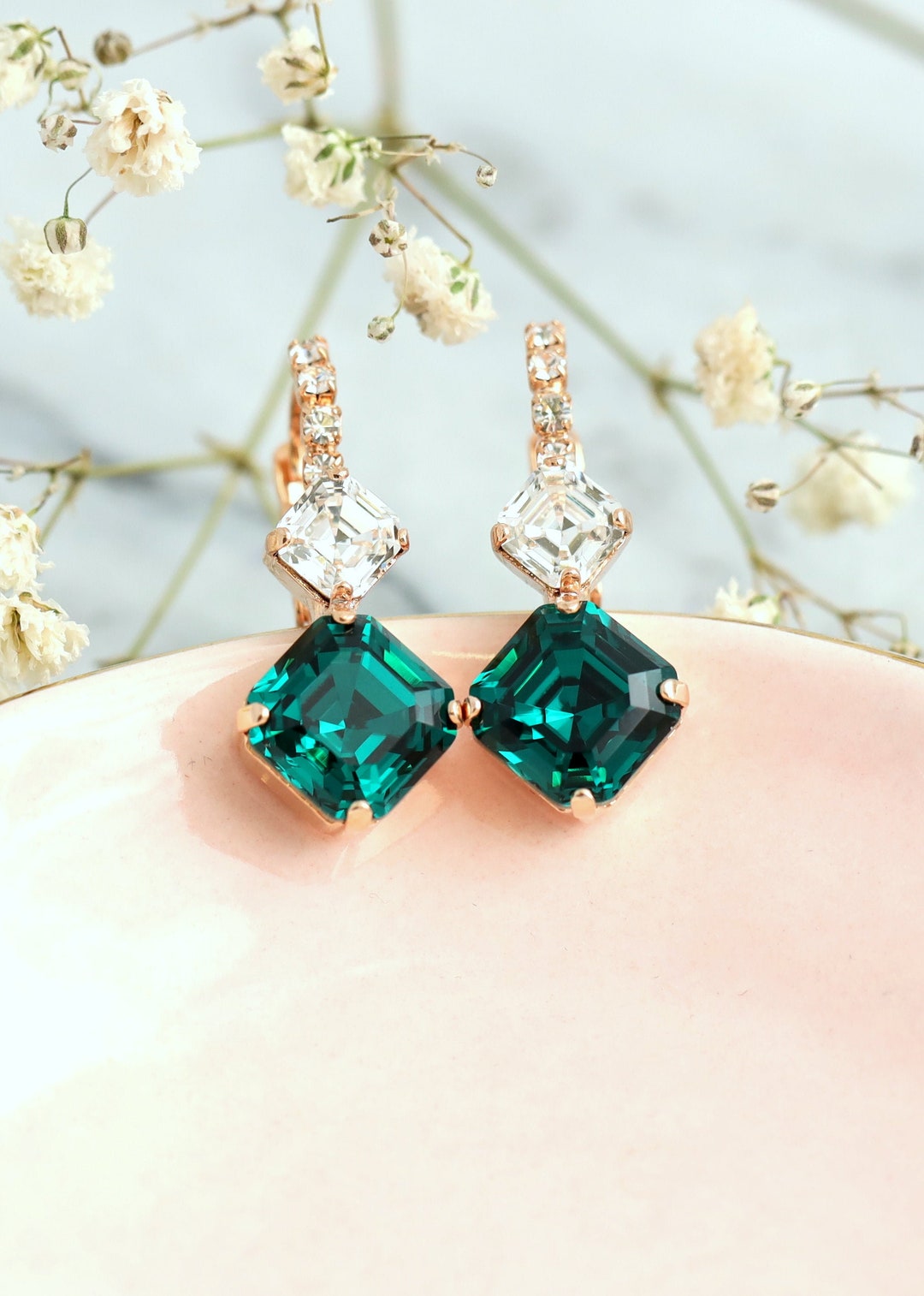 Emerald Crystal Drop Earrings, Bridal Emerald Drop Earrings, Dark Green ...