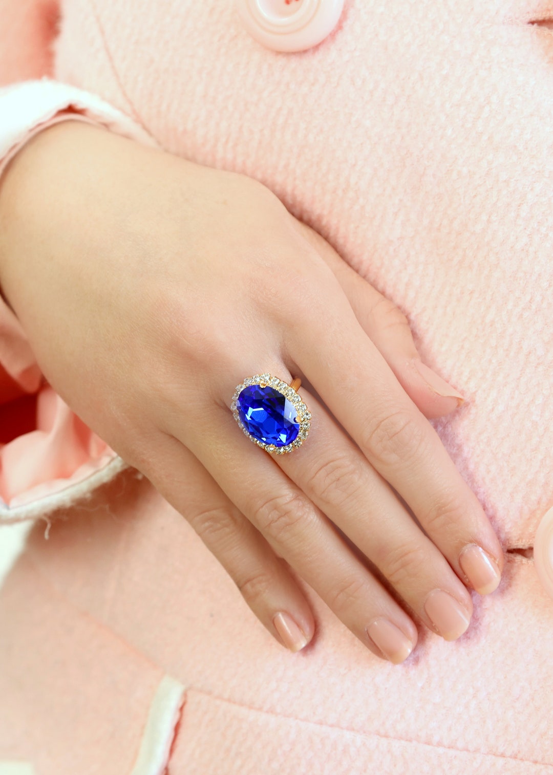 Blue Cocktail Ring, Sapphire Blue Crystal Ring, Blue Statement Crystal ...