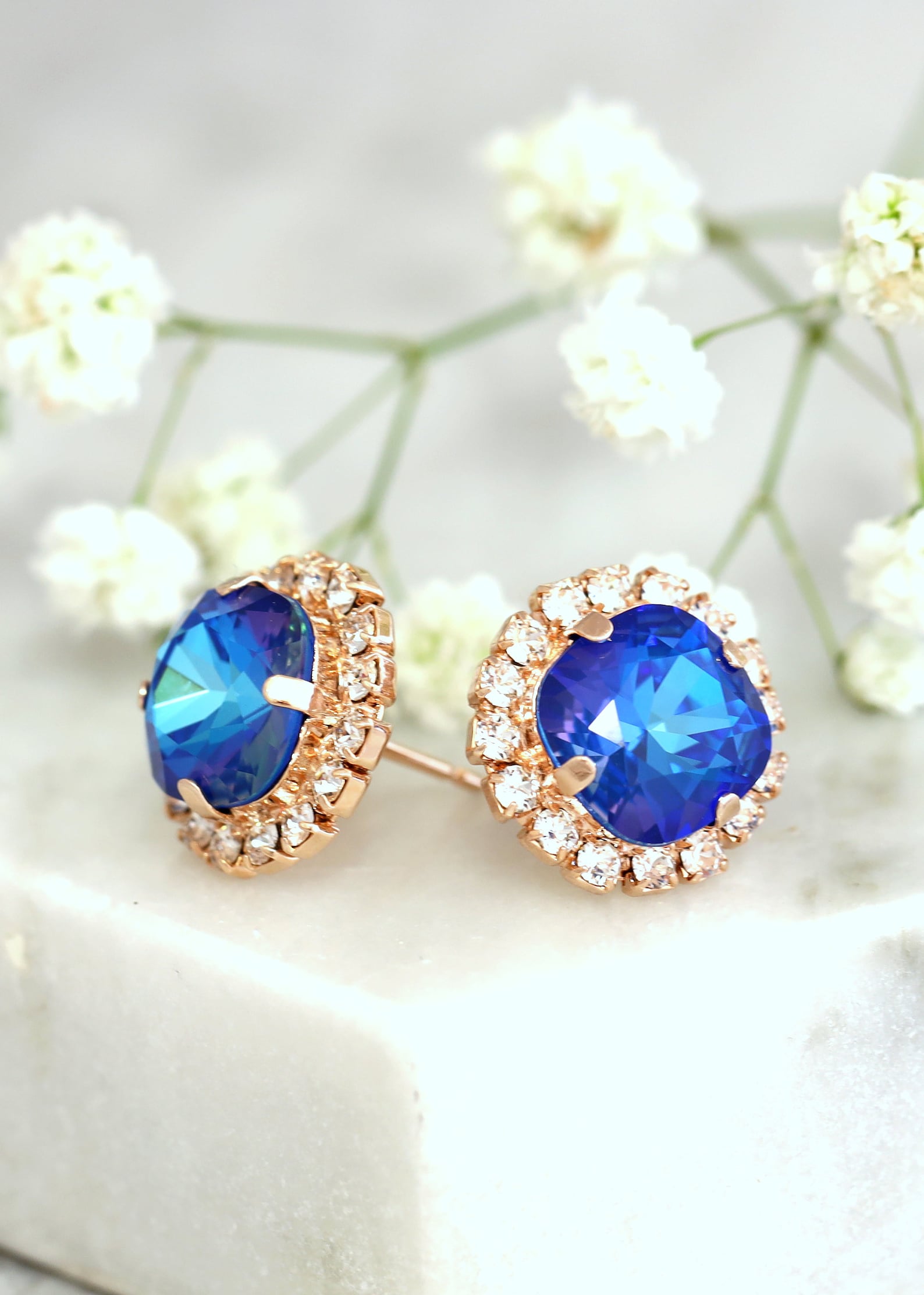 Blue Stud Earrings Blue Royal Crystal Earrings Bridal | Etsy