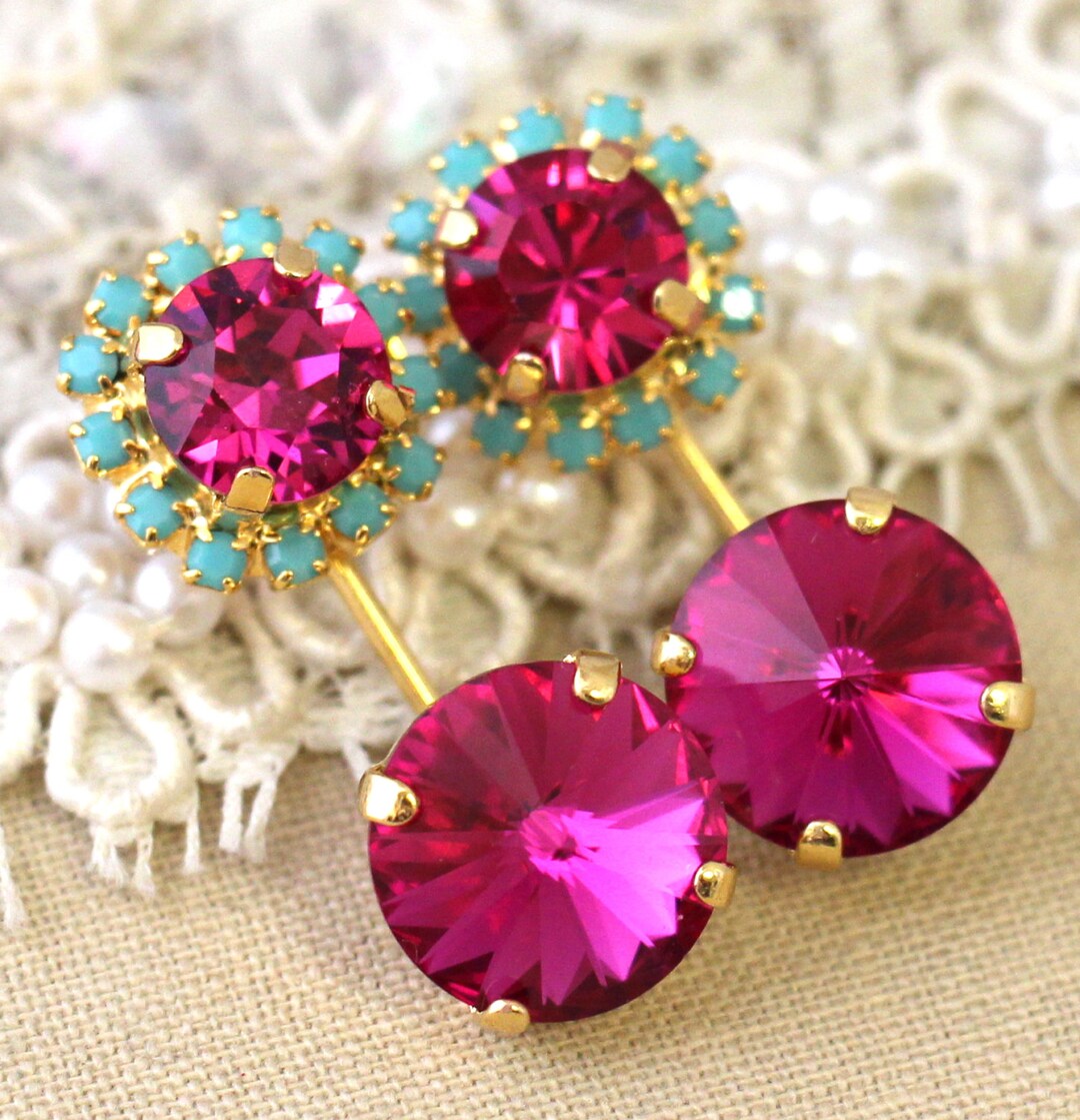 Ear Jacket Earrings,pink Turquoise Crystal Earrings,hot Pink Ear ...