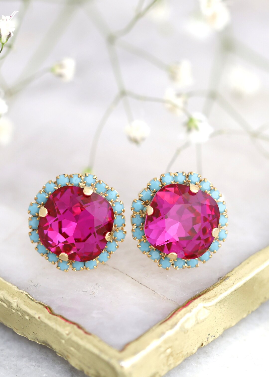 Fuchsia Crystal Stud Earrings, Fuchsia Pink Crystal Stud Earrings ...
