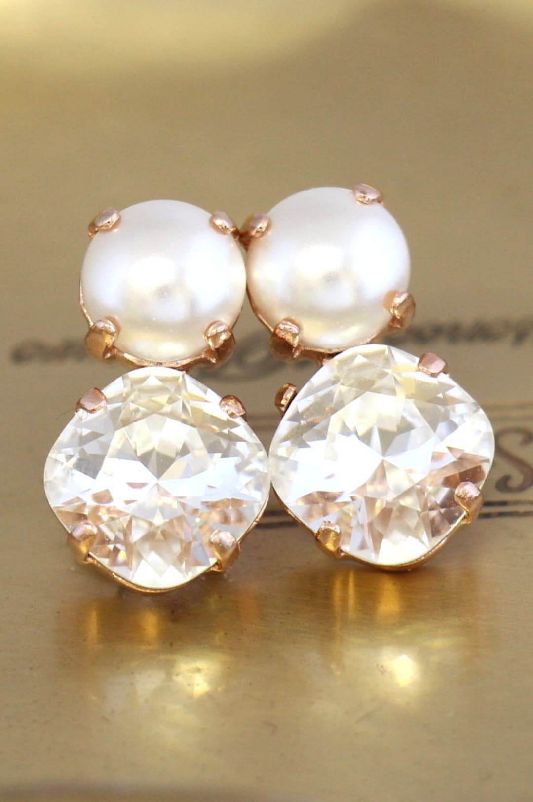 Pearl Studs Earrings, Bridal Pearl Crystal Studs, White Clear Crystal ...
