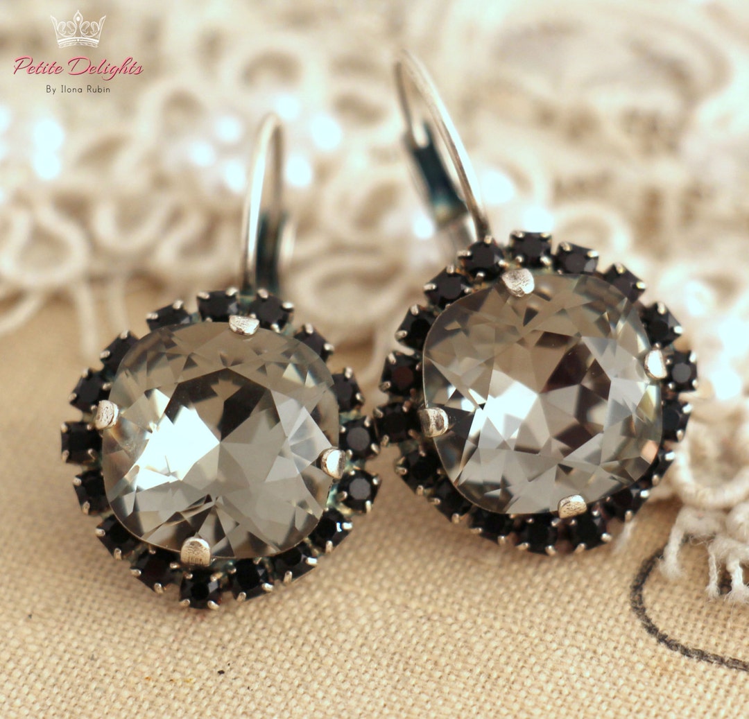 Gray Silver Drop Earrings, Gray Crystal Drop Earrings, Black Gray ...