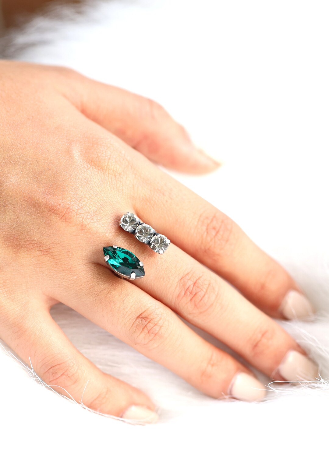Emerald Crystal Ring, Emerald Cocktail Ring, Green Emerald Open Crystal ...