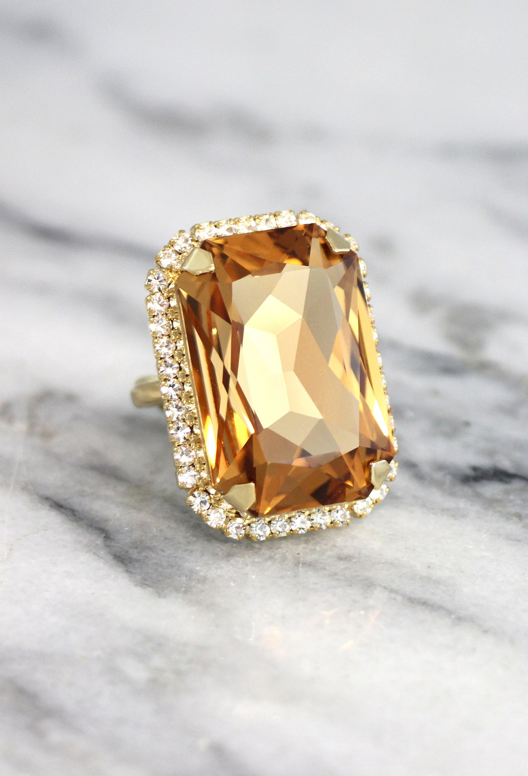 Cocktail Crystal Ring, Statement Gold Crystal Ring, Champagne Crystal ...