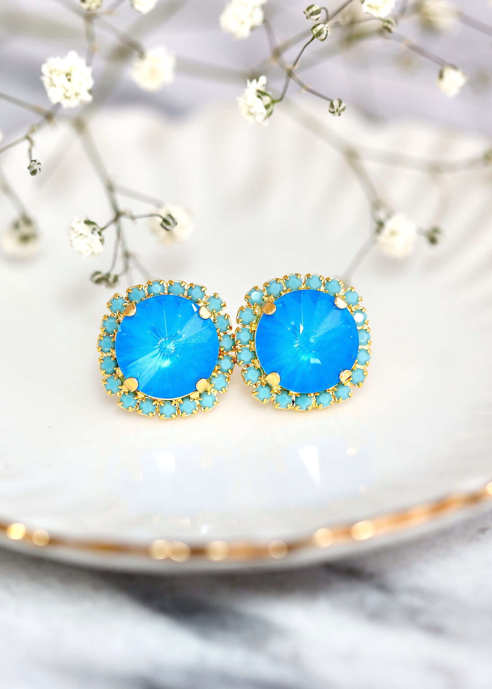 Electric Blue Stud Earrings, Neon Blue Austrian Crystal Earrings, Azure ...