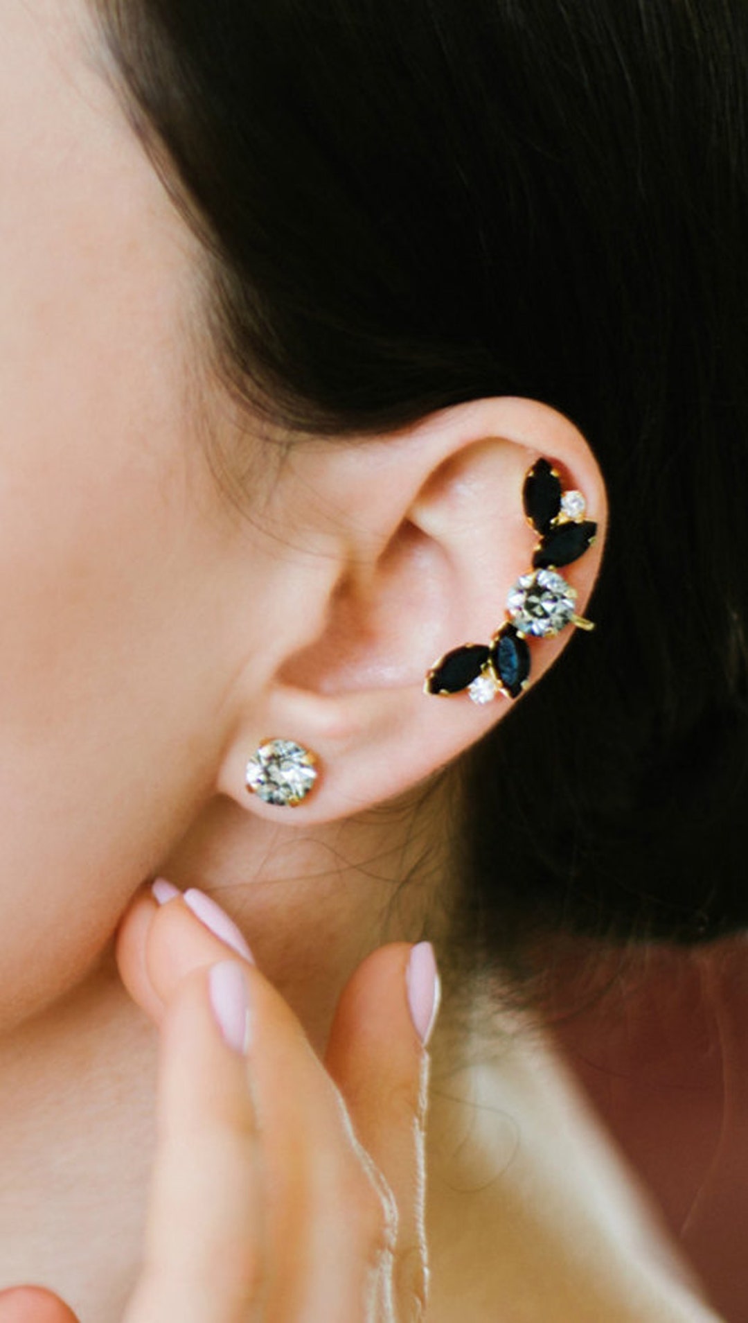 Black Gold Ear Climber Earrings, Black Crystal Ear Cuff Earrings, Black ...