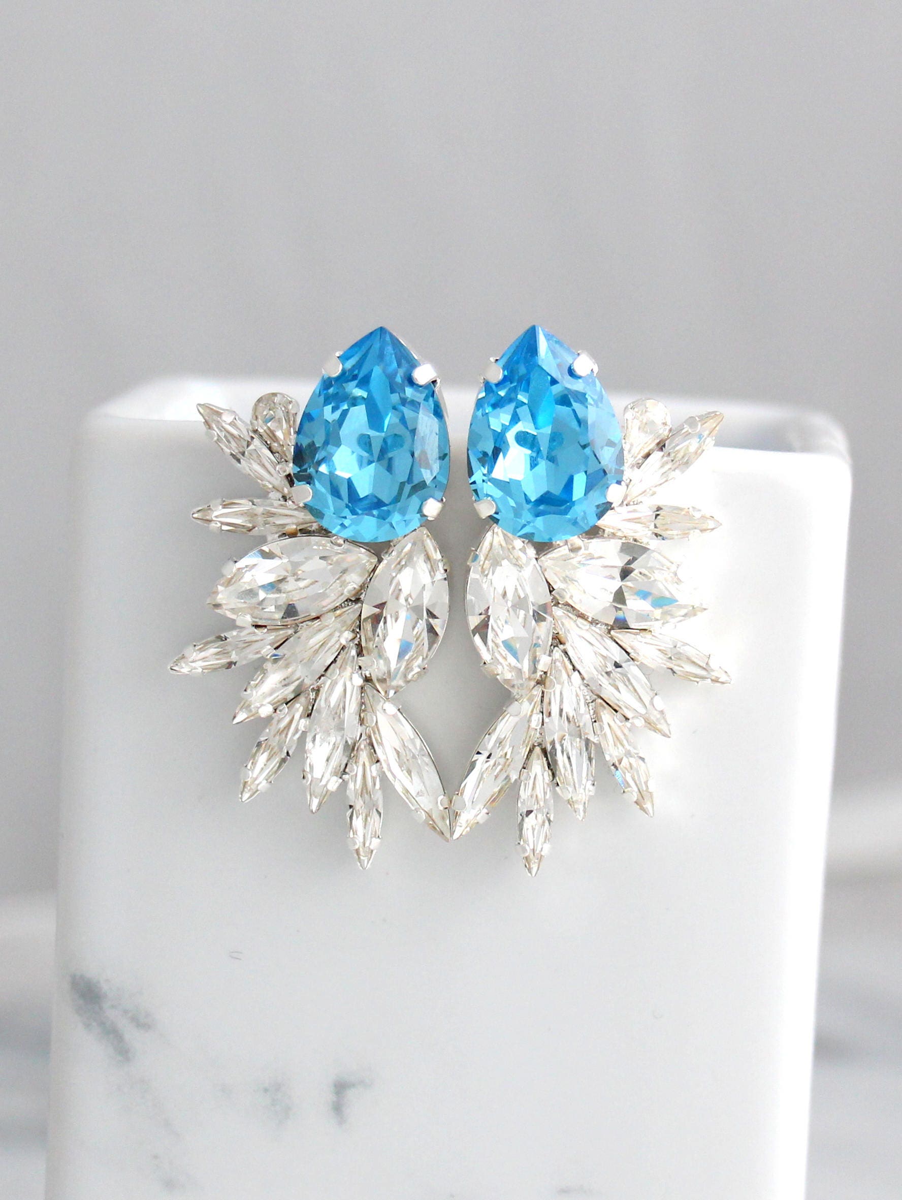 Blue Statement Earrings Bridal Aquamarine Earrings - Etsy Israel