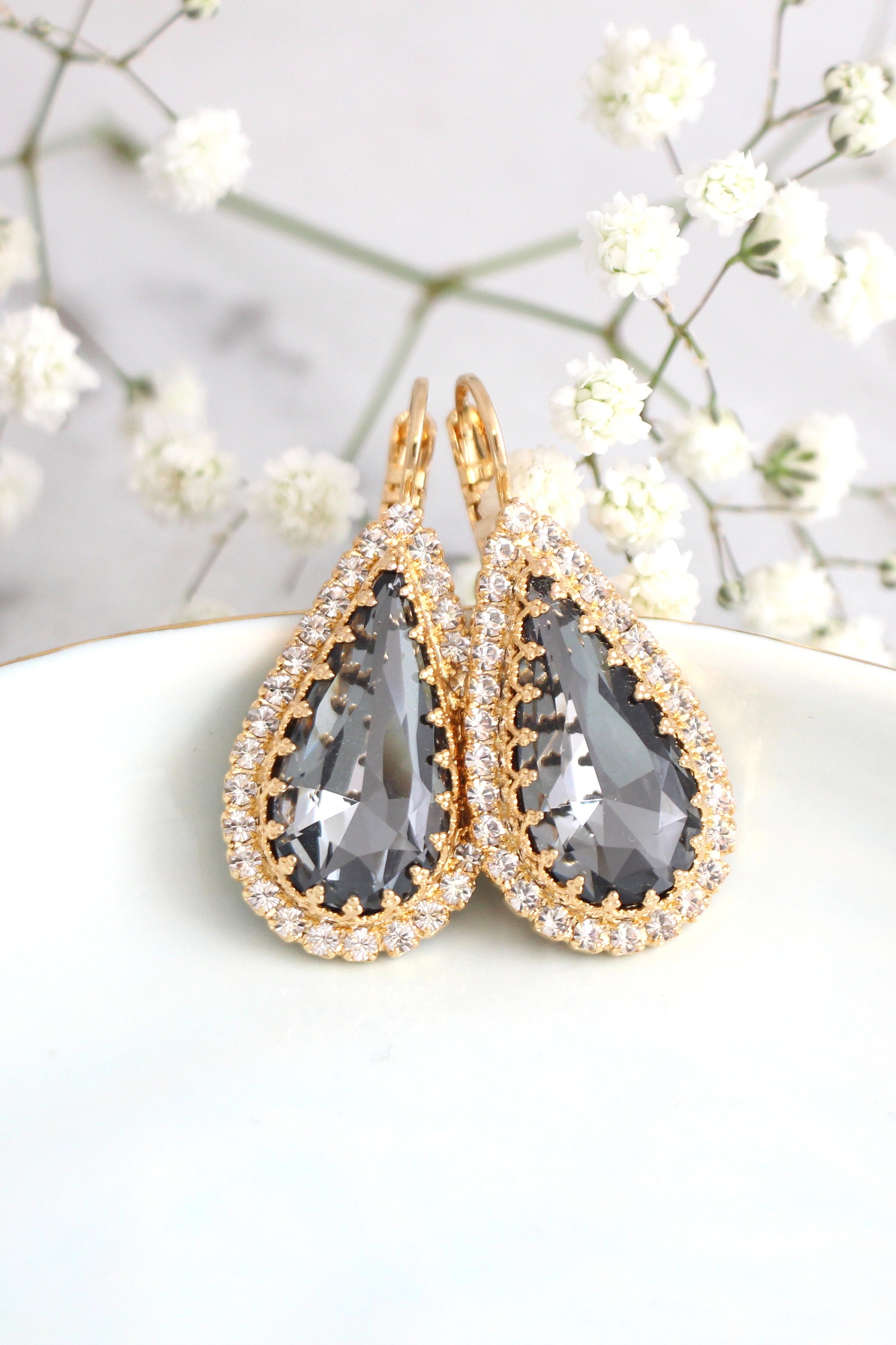 Gray Earrings, Dark Gray Drop Earrings, Crystal Bridal Drop Gray ...