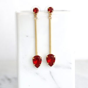 Red Ruby Crystal Long Dangle Earrings, Red Drop Earrings, Long Red ...