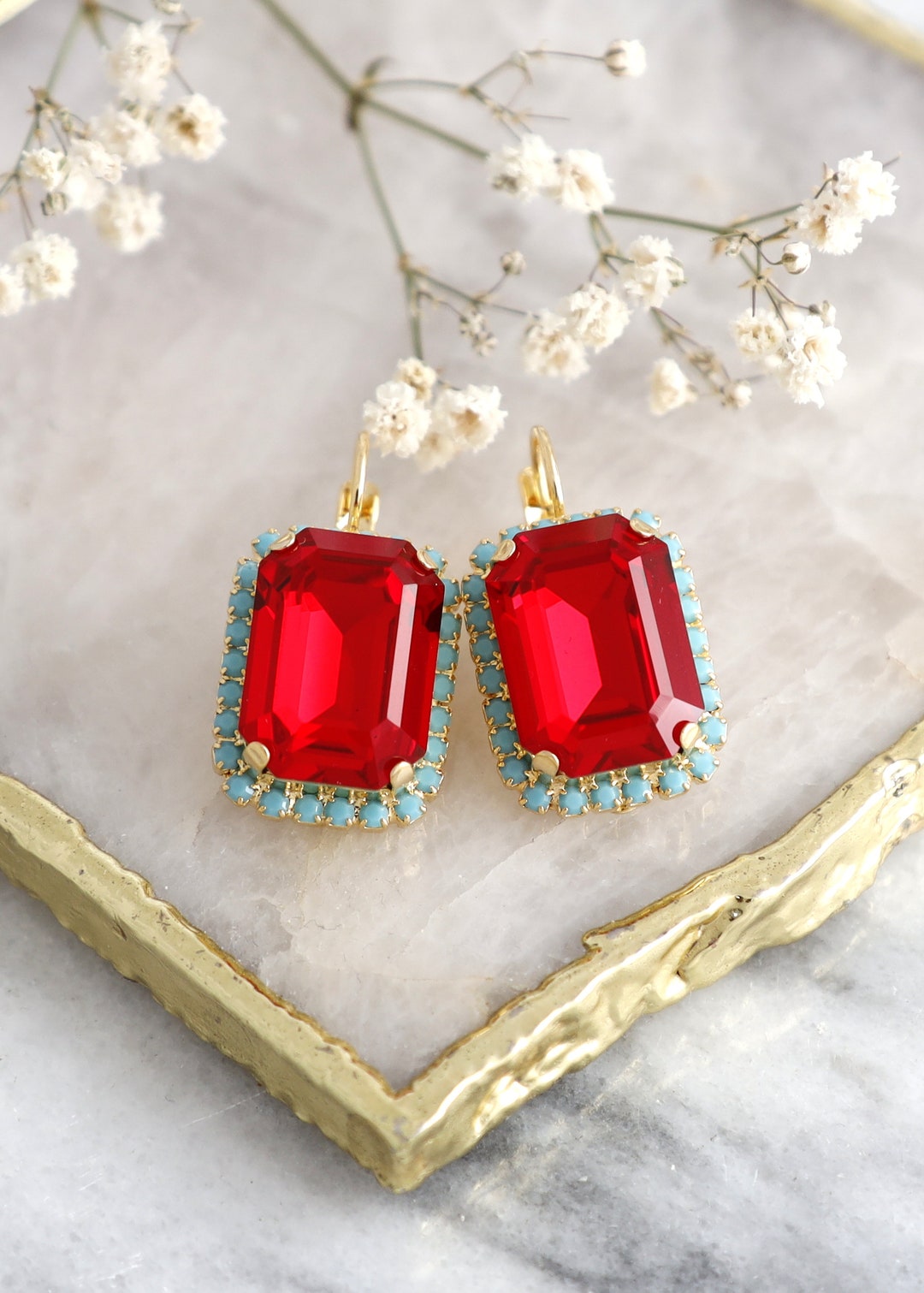 Red Crystal Drop Earrings, Bridal Red Ruby Earrings, Gold Turquoise Red ...