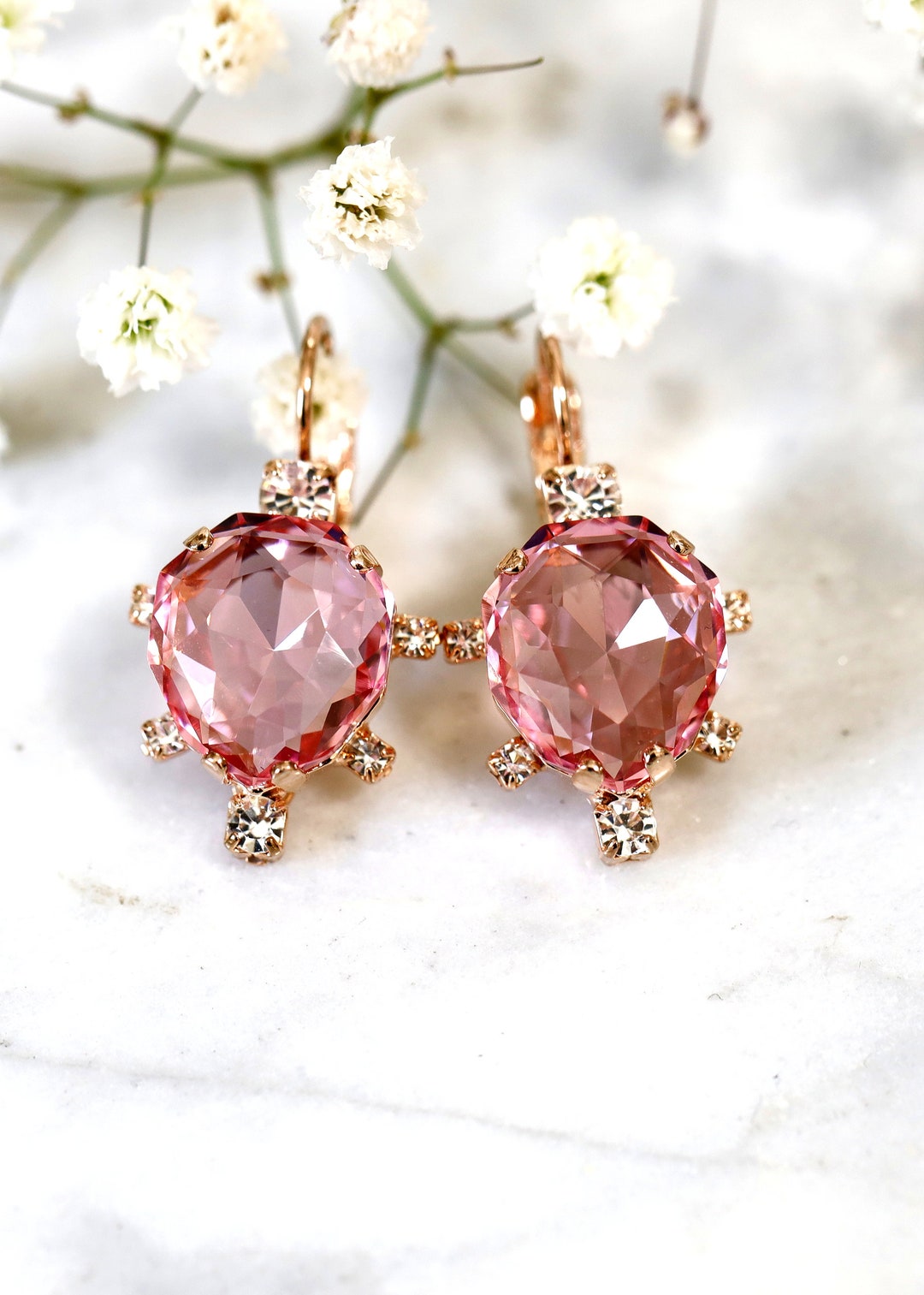 Pink Crystal Drop Earrings, Bridal Rose Crystal Earrings, Light Pink ...
