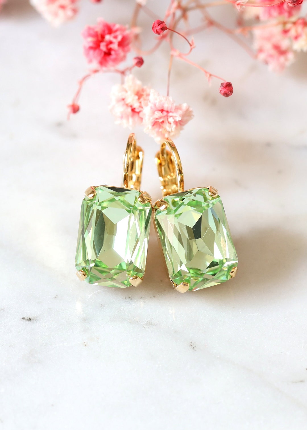 Green Drop Crystal Earrings, Bridal Mint Crystal Earrings, Sage Green ...