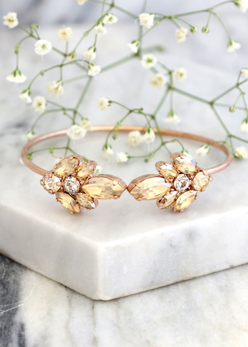 Champagne Gold Bracelet, Bridal Crystal Cuff Gold Bracelet, Champagne ...
