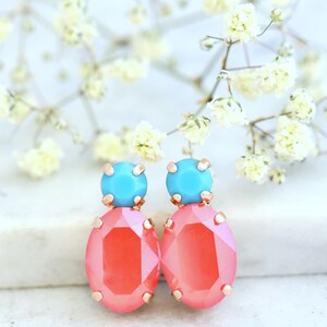 Coral Earrings, Coral Blue Stud Earrings, Burnt Orange Earrings, Orange ...