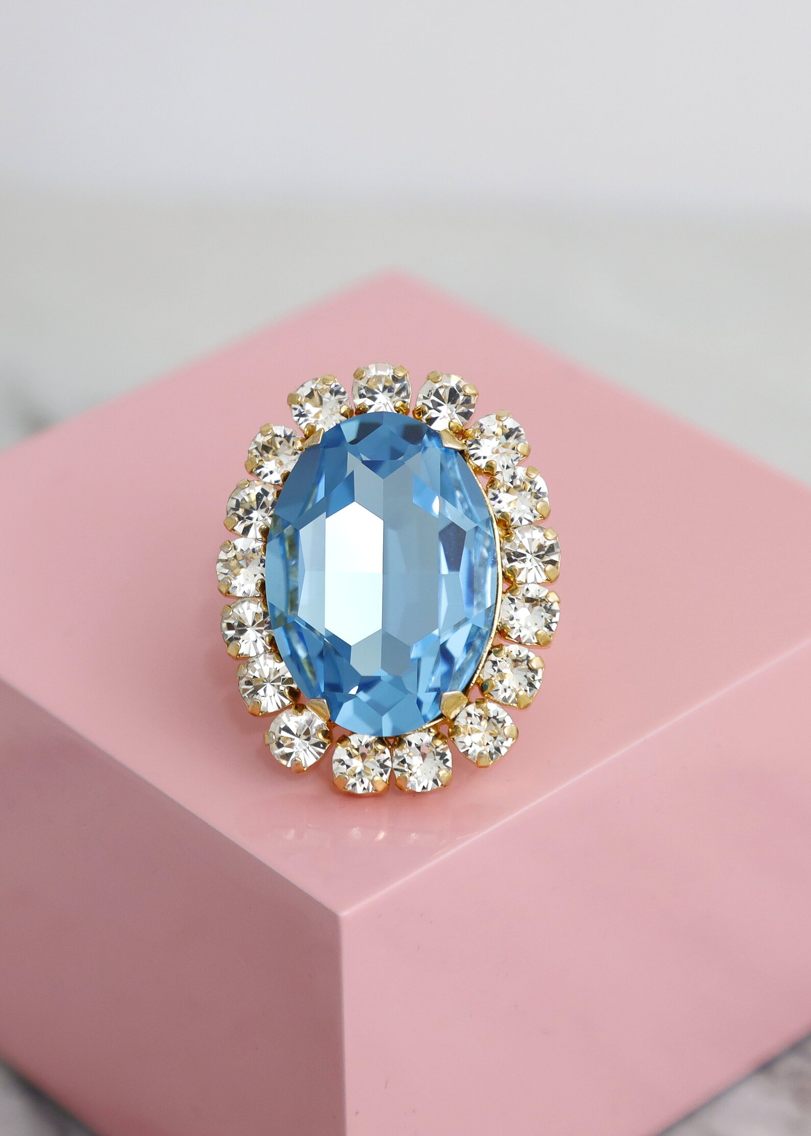 Cocktail Ring, Aquamarine Cocktail Crystal Ring, Statement Blue Crystal ...