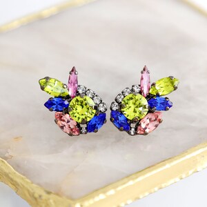 Multi Color Cluster Earrings, Bridal Blue Green Bridal Earrings, Green Pink Climbing Earrings ...