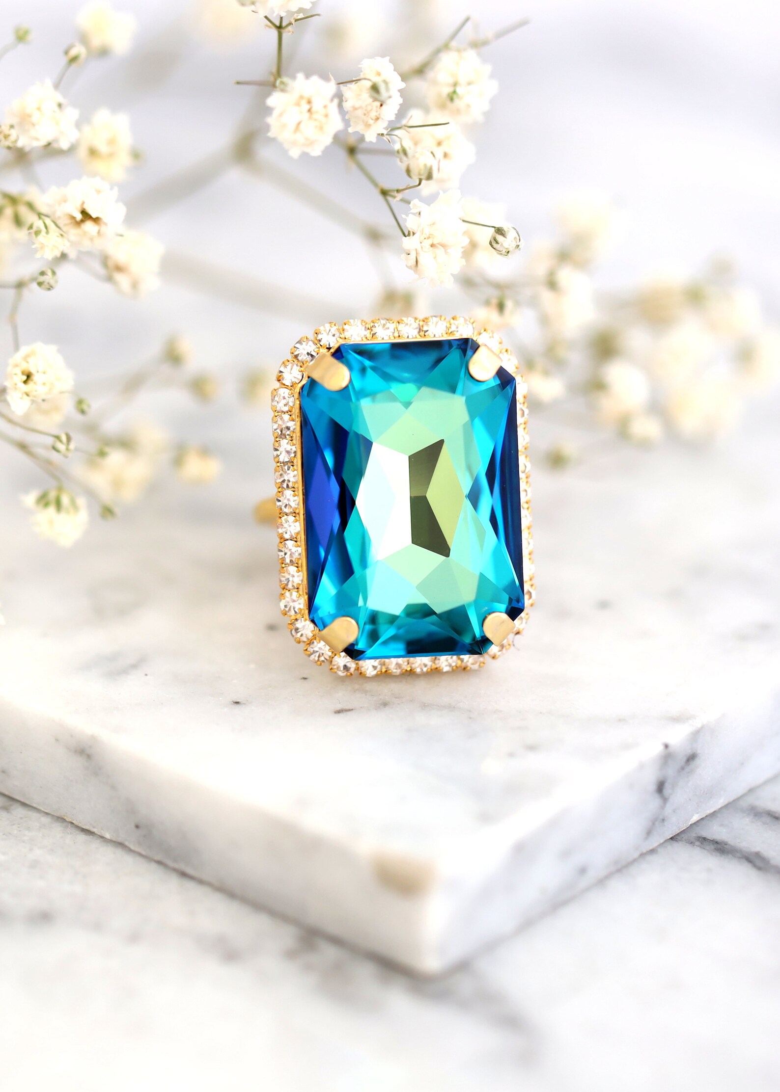 Cocktail Crystal Ring Statement Blue Crystal Ring Blue Gold - Etsy