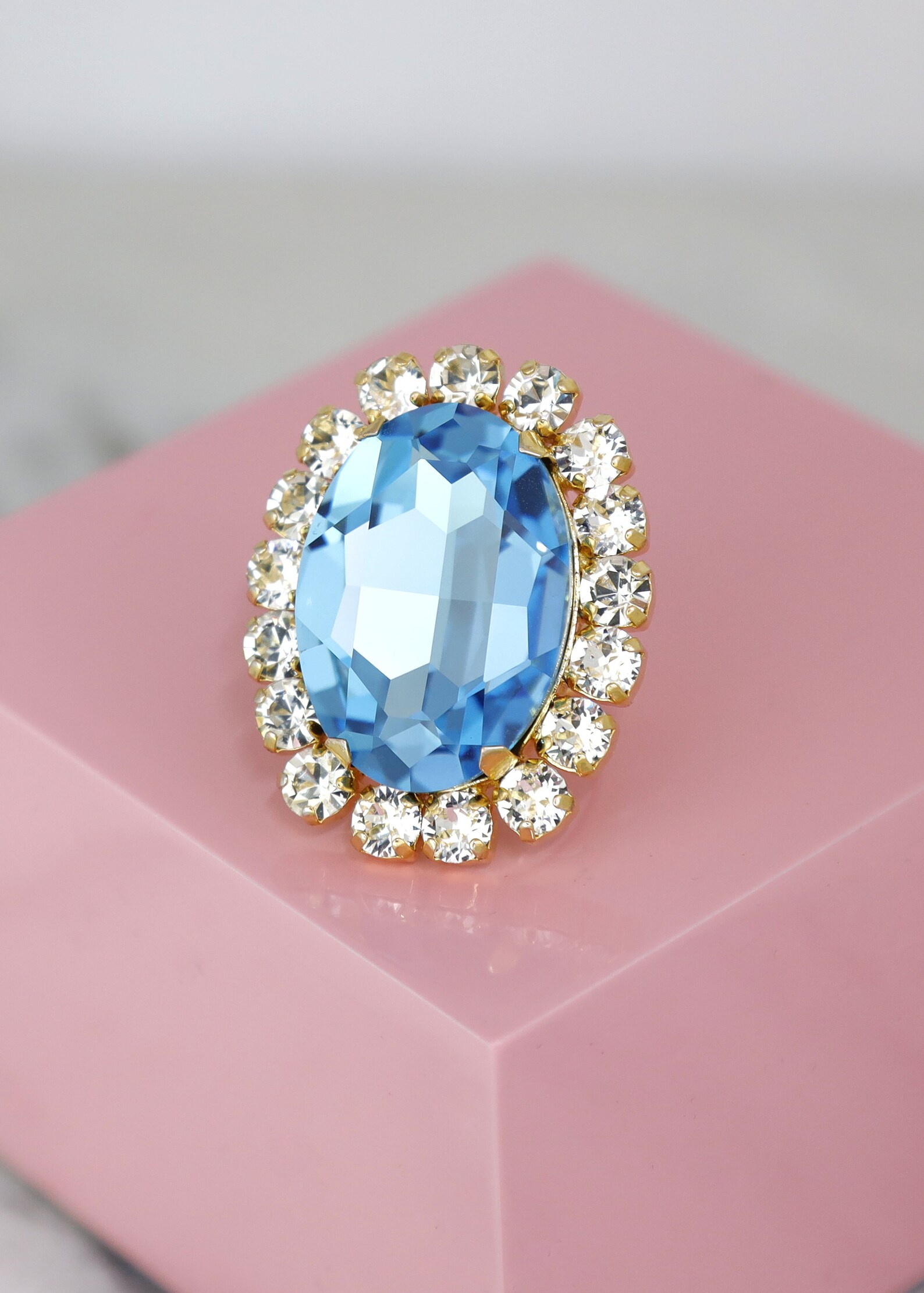 Cocktail Ring, Aquamarine Cocktail Crystal Ring, Statement Blue Crystal ...