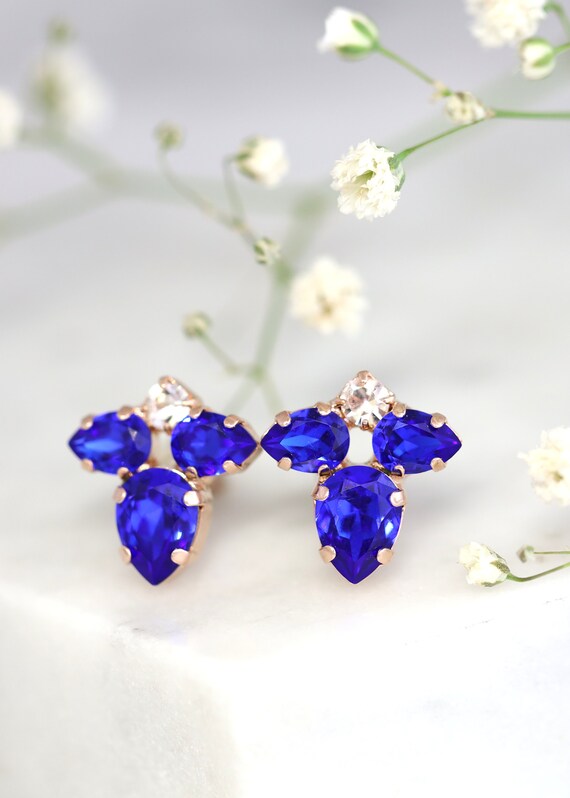 Blue Bridal Stud Earrings Deep Blue Crystal Earrings Royal | Etsy