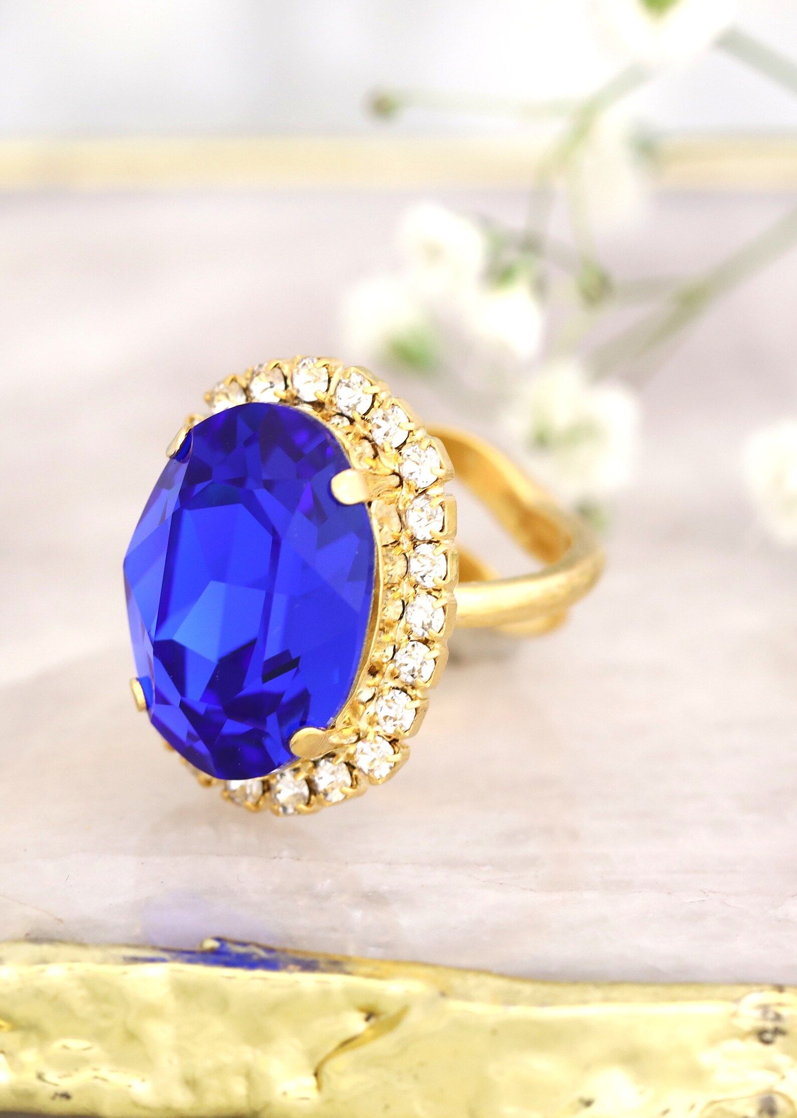 Blue Cocktail Ring, Sapphire Blue Crystal Ring, Blue Statement Crystal ...