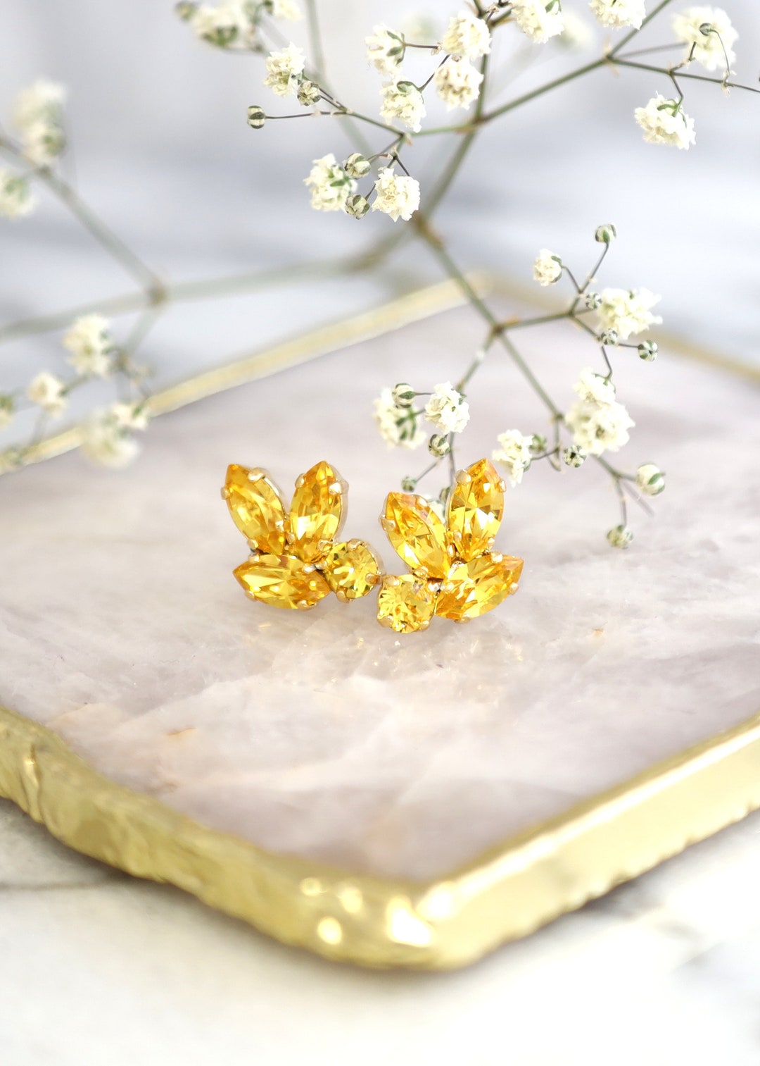 Yellow Stud Earrings, Bridesmaids Yellow Earrings, Crystal Yellow ...